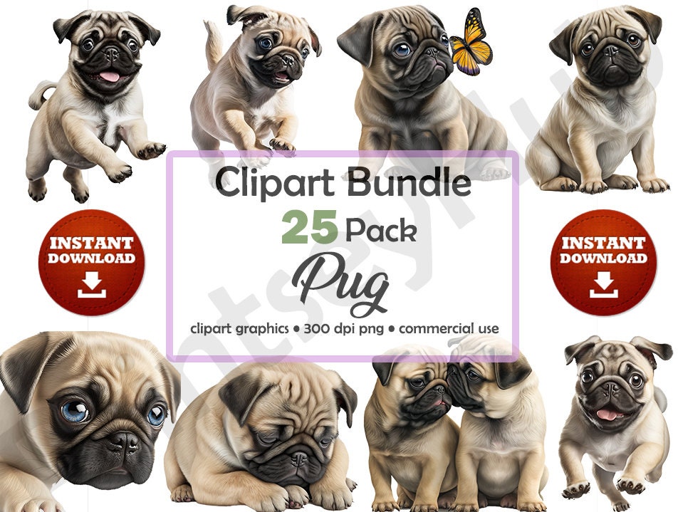 Best Pug Clipart Bundle Cute Adorable Pug Puppy Images High Quality ...