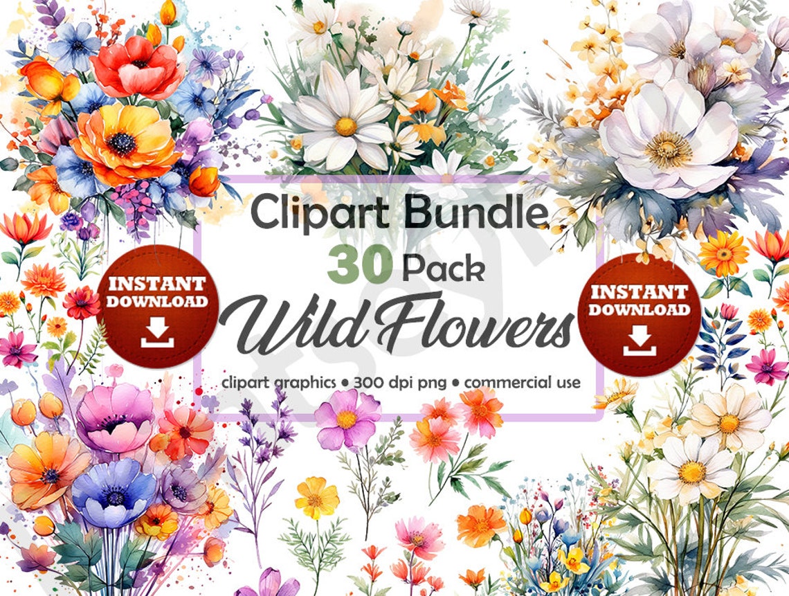 Wild Floral Watercolor Clipart Bundle Spring Garden Wedding Flower Art ...