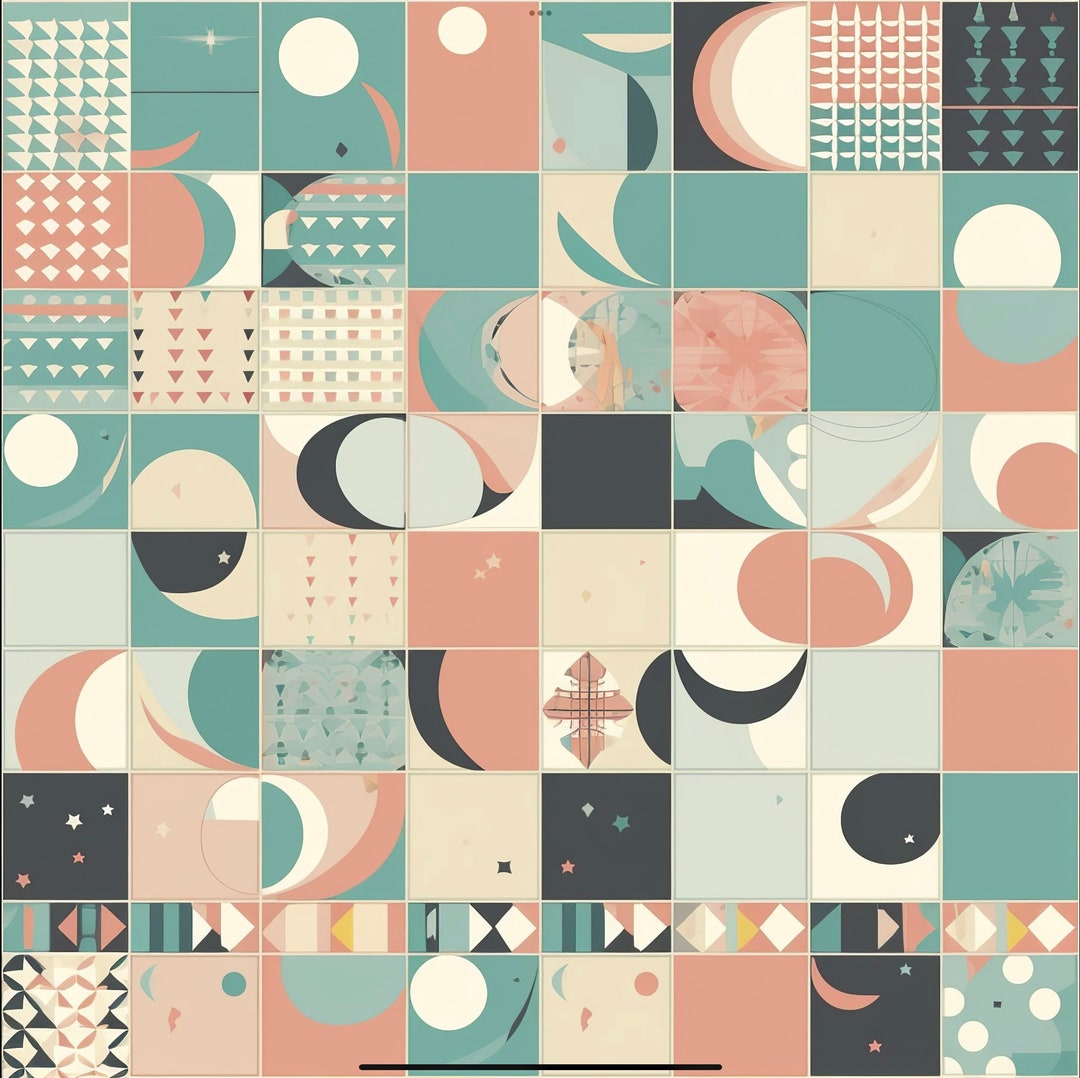 Abstract Geometric Moon and Star Tile Design Featuring Medium-sized ...