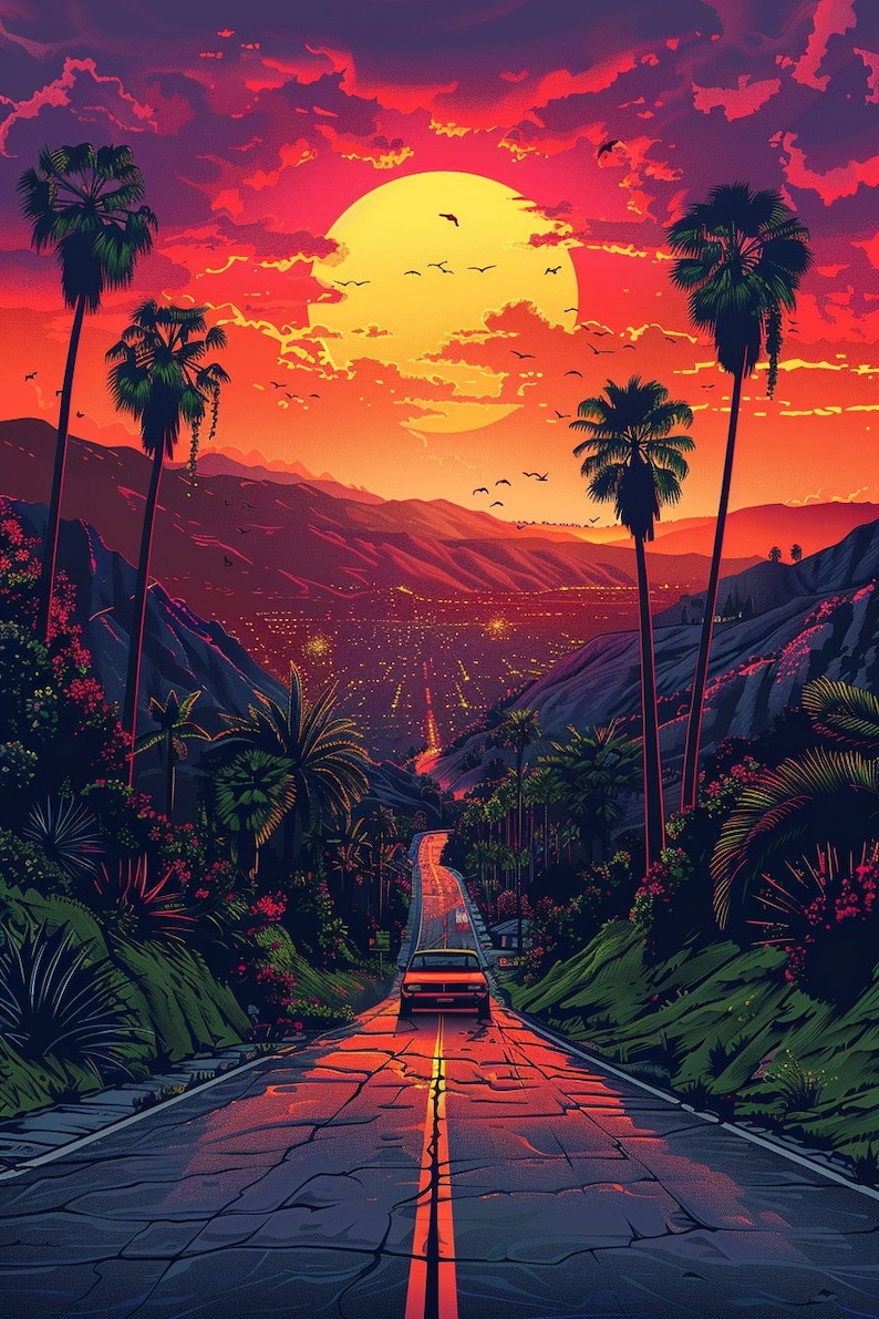 Retro Sunset Road Trip Art Print - Vibrant Hillside Journey - Etsy
