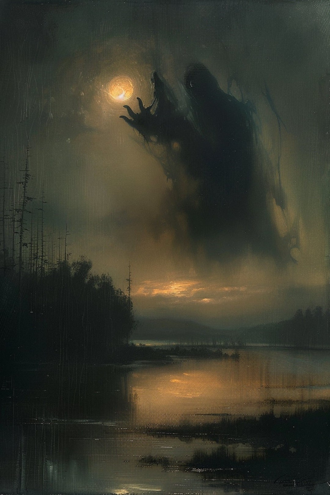 Haunting Sky Ghost Over Moonlit Lake Art Print Eerie Night Scene - Etsy