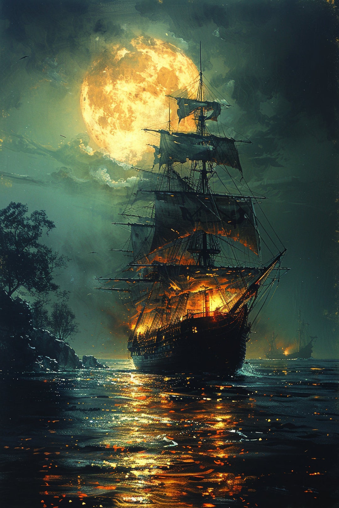 Haunted Pirate Ship Under Full Moon Art Print Mysterious Night Scene ...