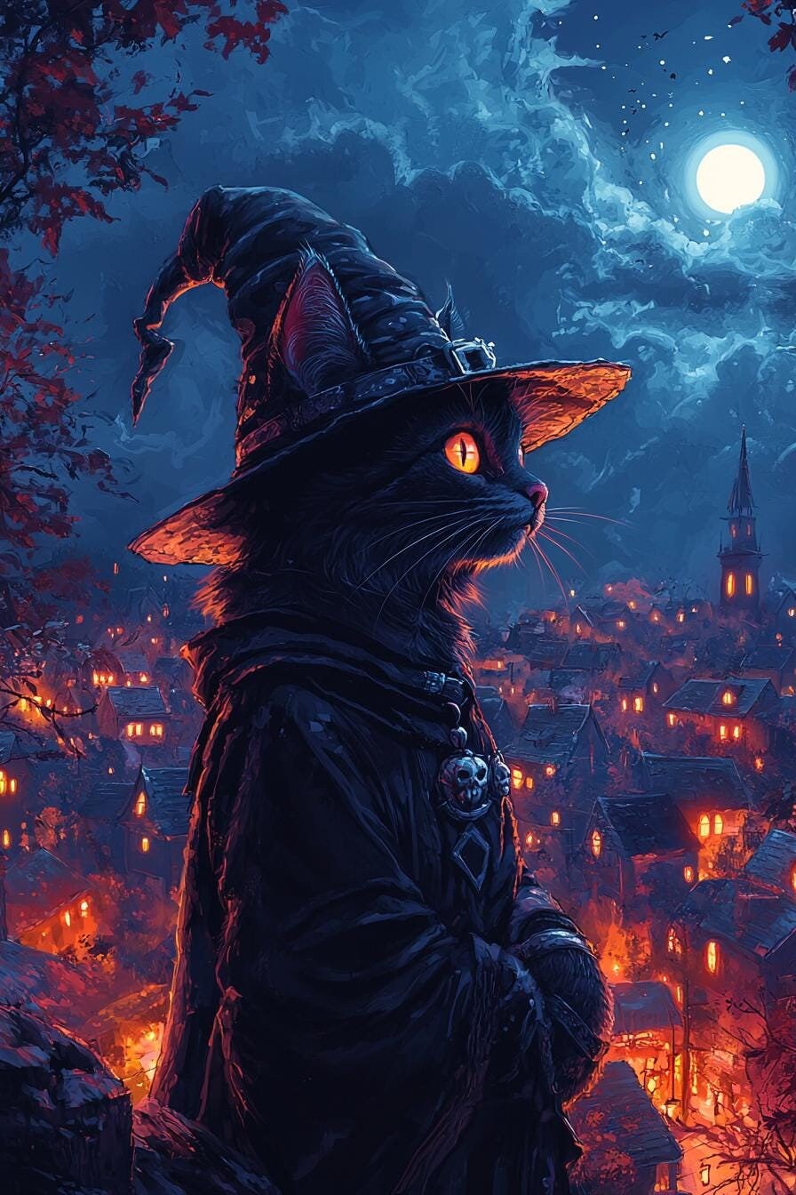 Enchanted Witch Cat Halloween Night Art Print - Etsy