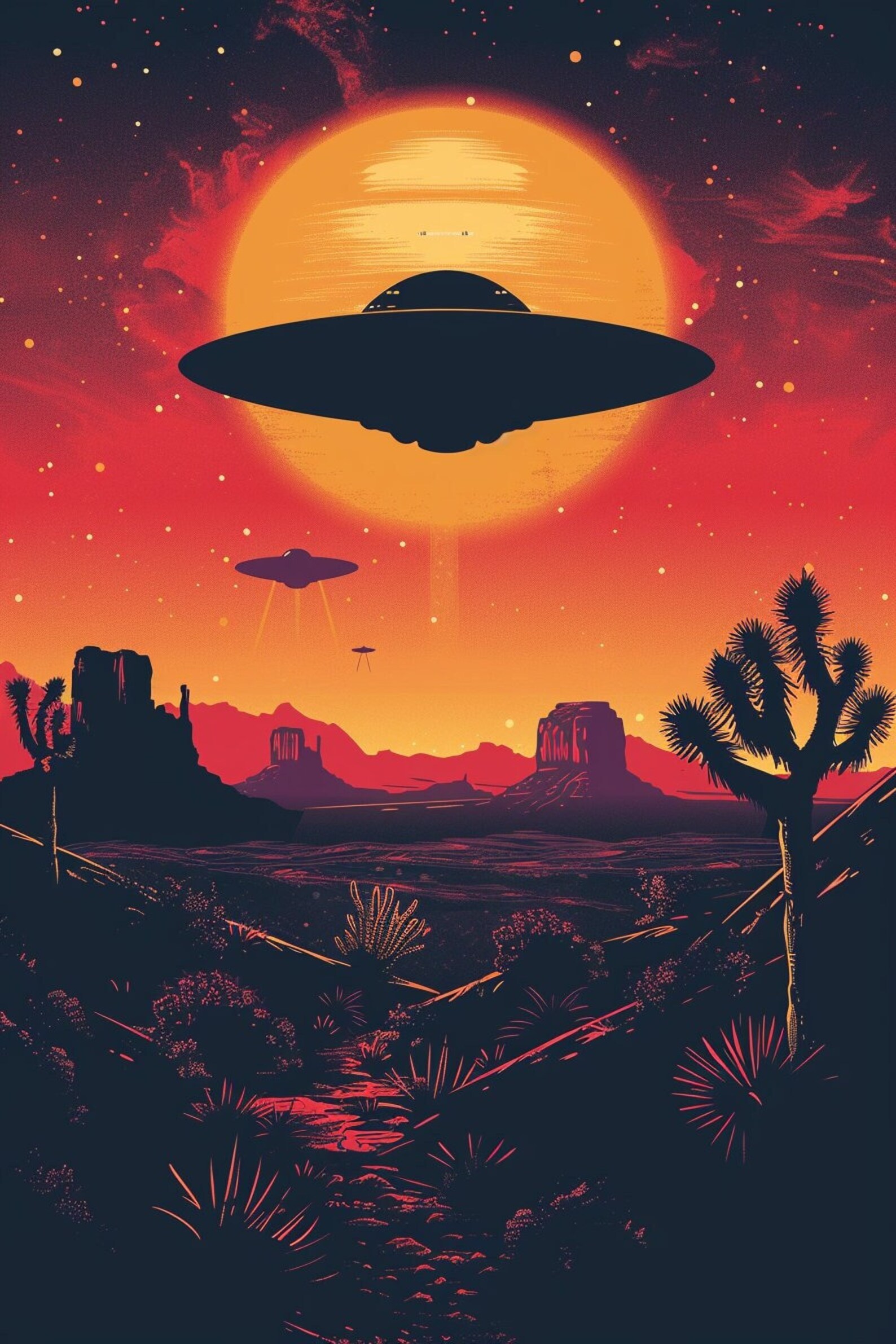 Retro UFO Sunset Art Print Sci-fi Desert Landscape - Etsy