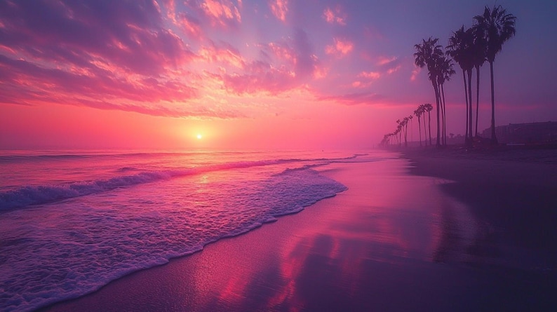 Purple Beach Dreams Coastal Sunset Print With Palm Trees - Etsy