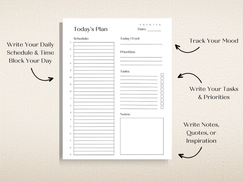 Minimalist Daily Planner Printable Black and White Daily Organizer for ...