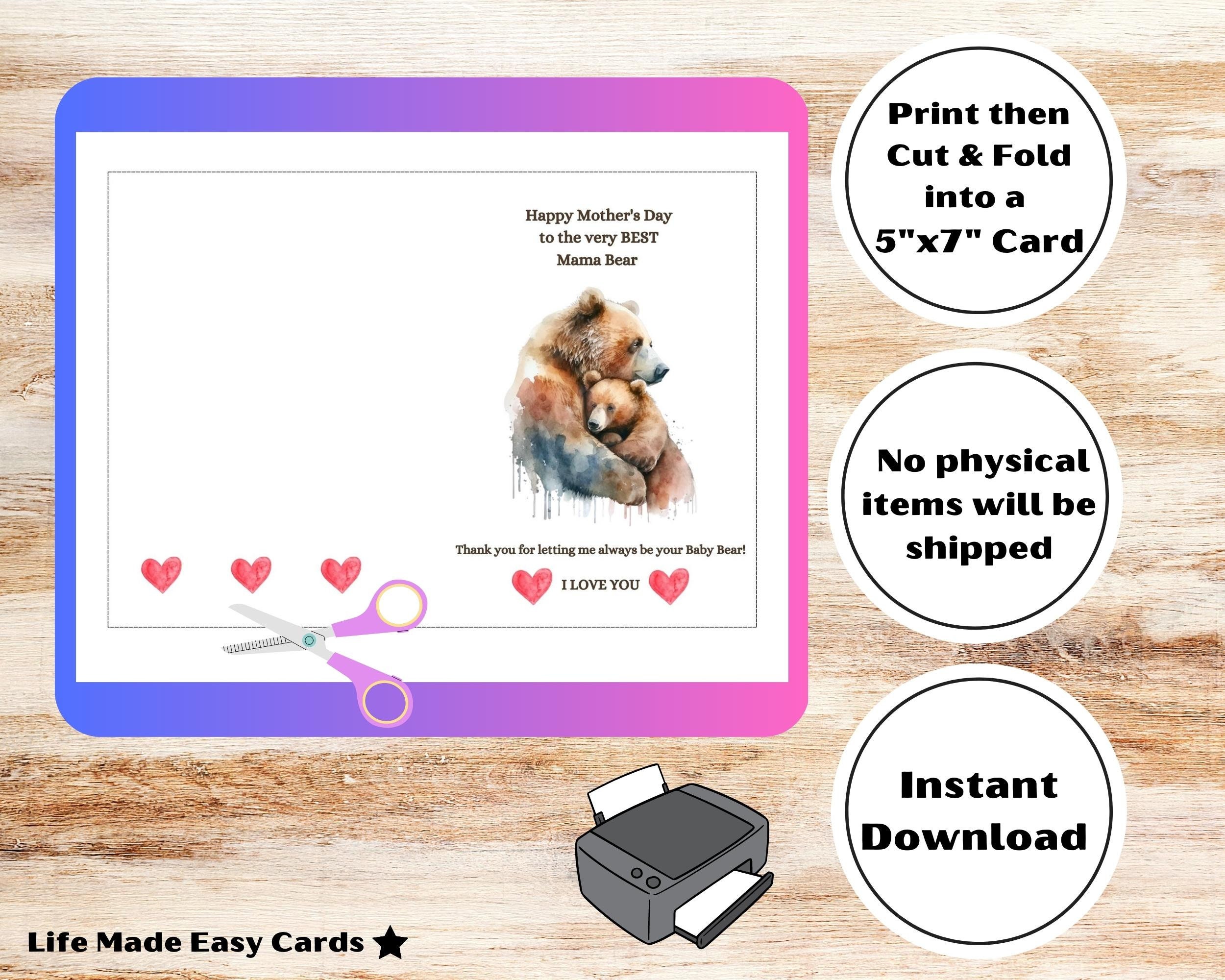 Printable Mothers Day Card, Digital Mothers Day Card, Mama Bear Mothers ...