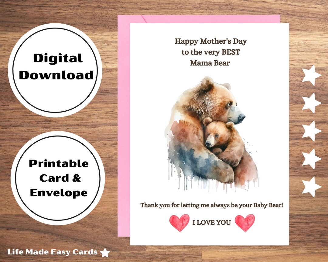 Printable Mothers Day Card, Digital Mothers Day Card, Mama Bear Mothers ...