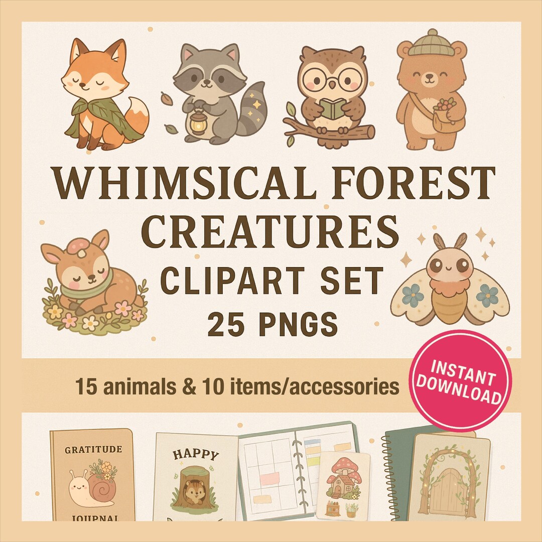 Whimsical Forest Animal Clipart | Kawaii Woodland Creatures PNG ...