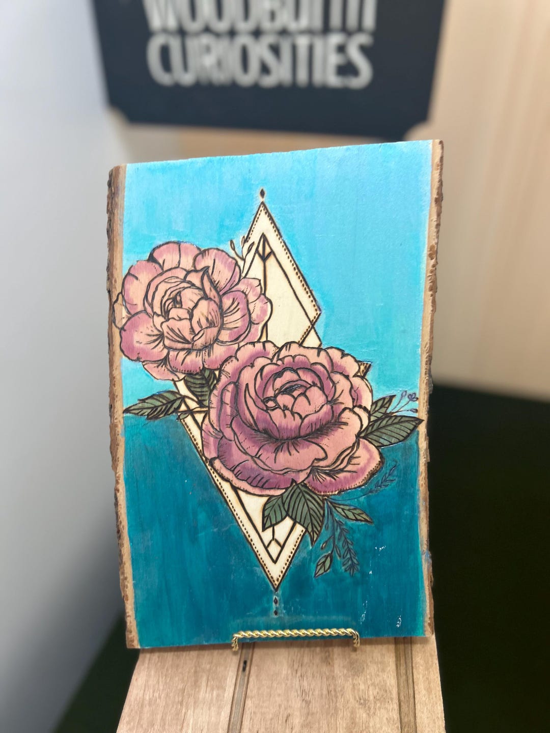 Floral Carnation Wood Pyrography Home Decor, Hand-painted Shimmery Blue ...