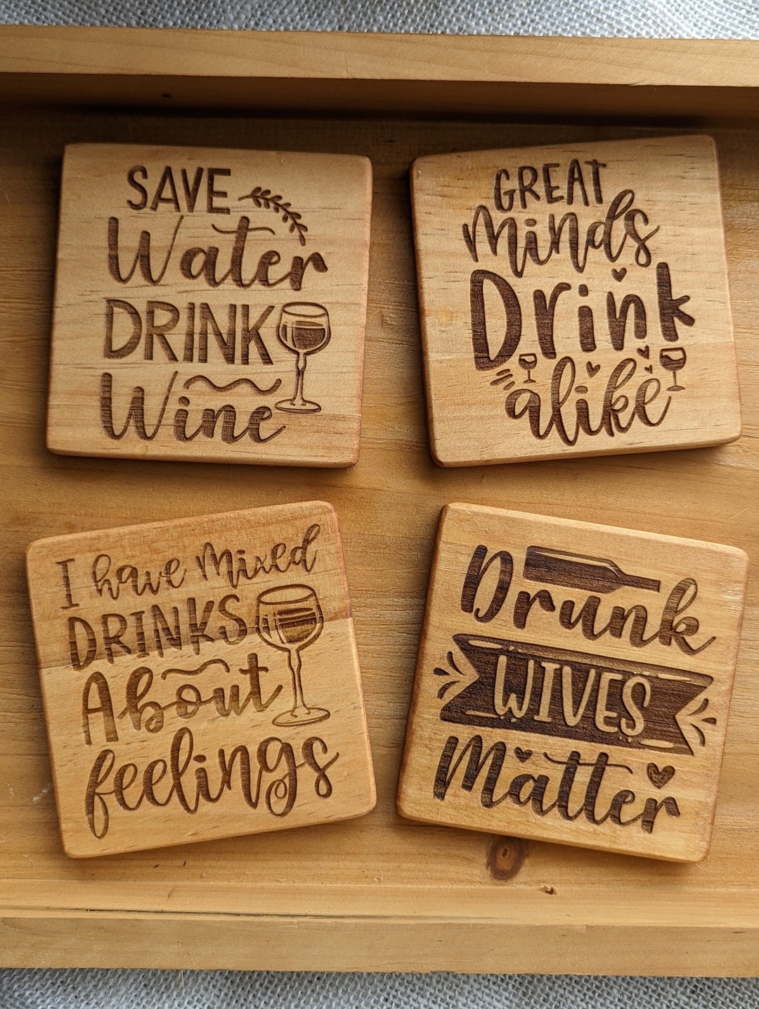 Set of 4 Funny Drinking Quotes Coasters Engraved 4 Inch Wooden Round ...