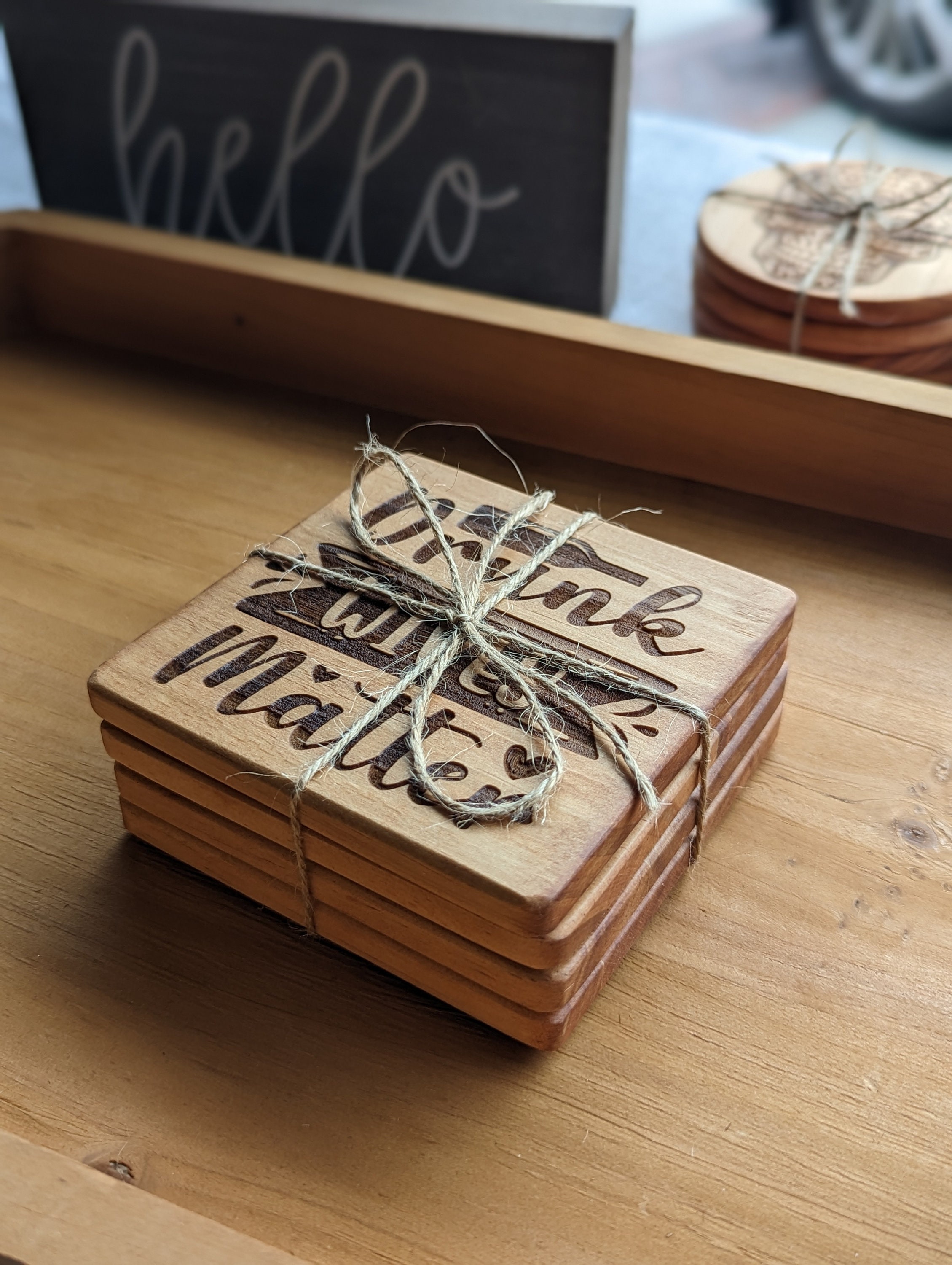 Set of 4 Funny Drinking Quotes Coasters Engraved 4 Inch Wooden Round ...