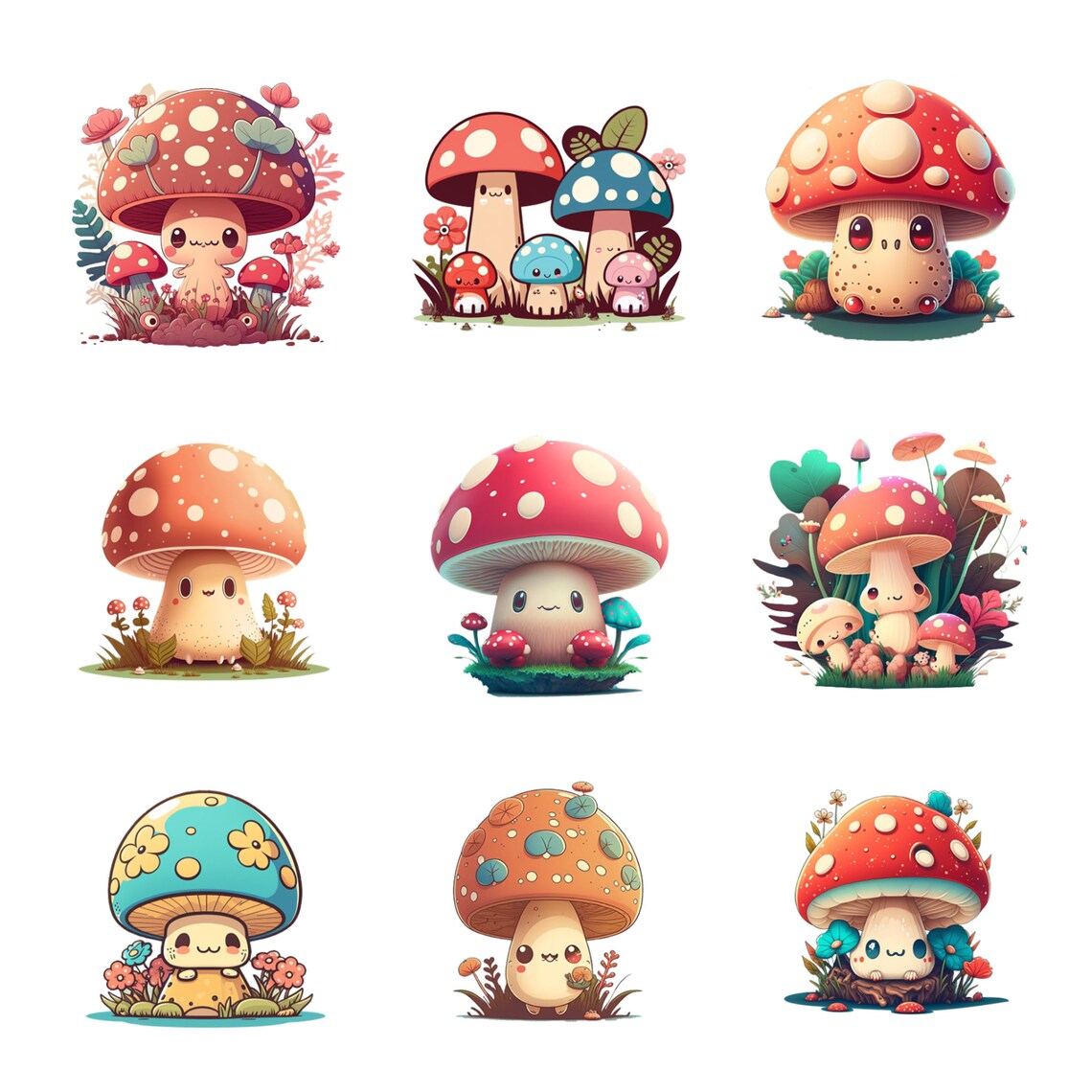 Cute Fantasy Mushroom Clipart, Pencil Watercolor Drawing, Vector ...