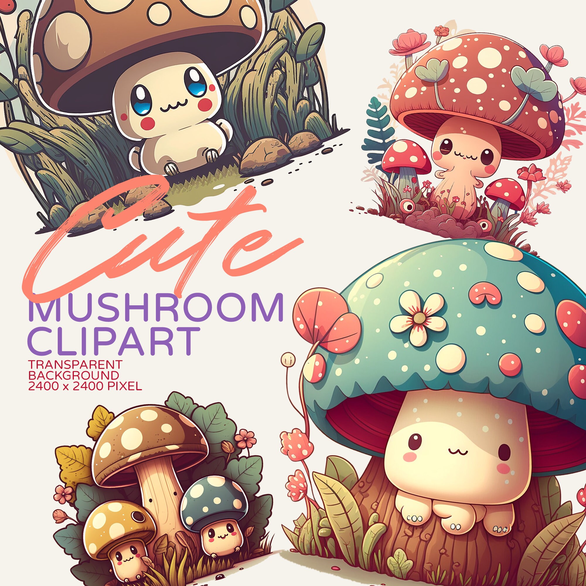 Cute Fantasy Mushroom Clipart, Pencil Watercolor Drawing, Vector ...