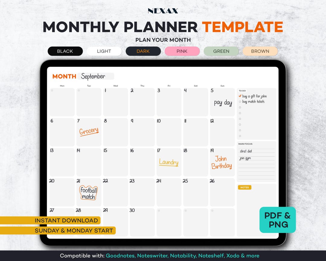 Monthly Planner Template, Goodnotes Template, Monthly Planner, Digital ...