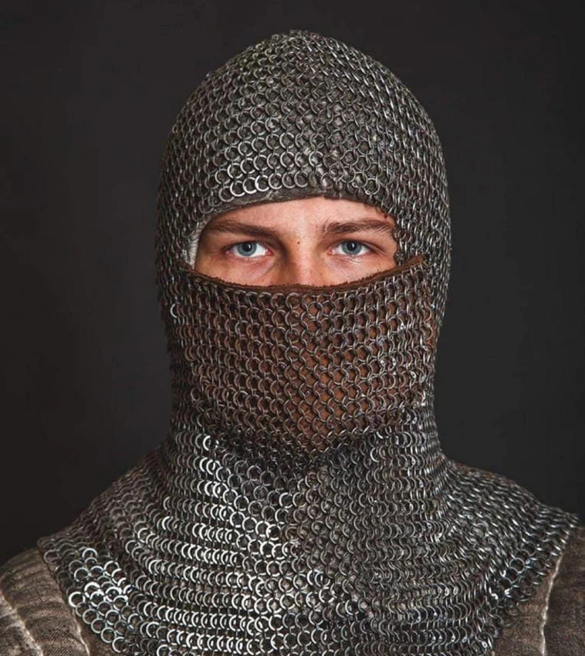 Chain Mail Coif / Hood Flat Riveted Solid Ring Intetrated Coif Leather ...