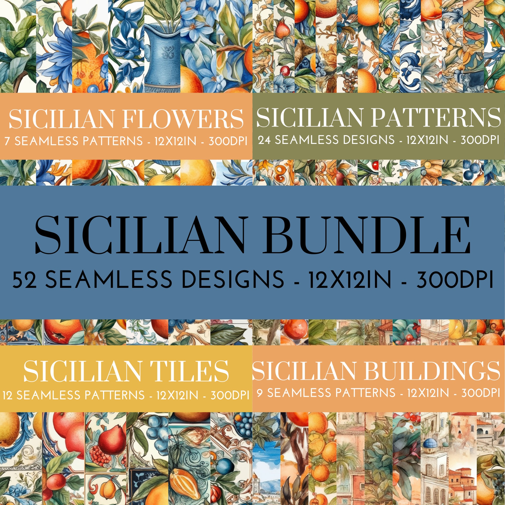 Sicilian Digital Paper Bundle | SEAMLESS Sicilian Watercolor Patterns ...