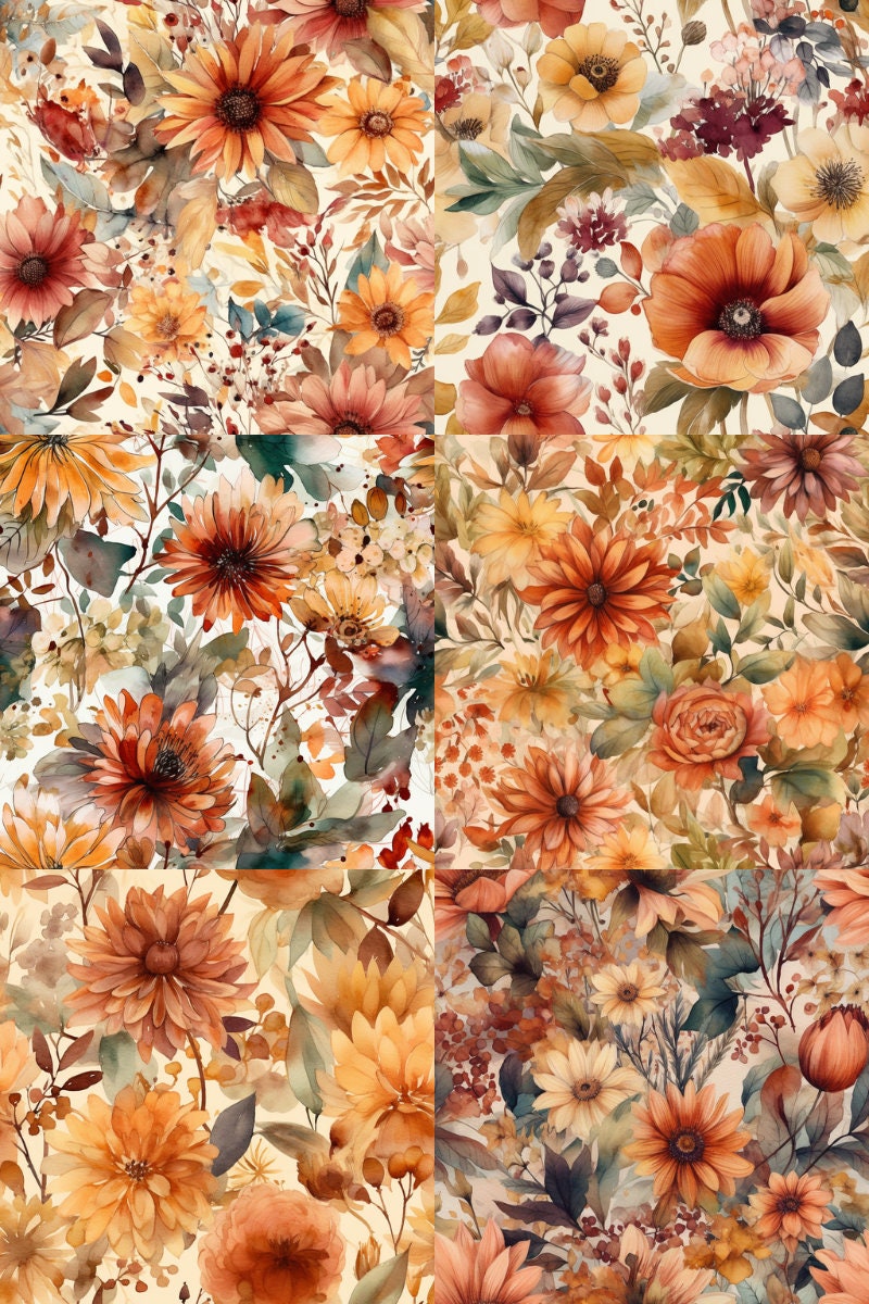 Autumn Flowers, Watercolor Flower Backgrounds, Printable Digital Paper ...