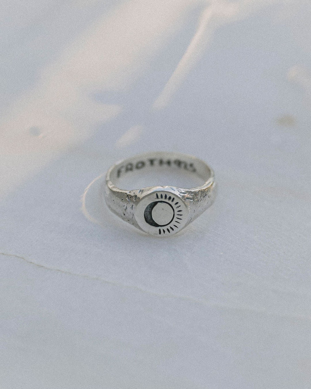 SUN and MOON Ring Hammered Raw Textured Half Moon Crescent Large Signet ...
