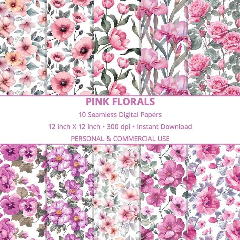 10 Pink Floral Printable Paper Seamless Patterns Pink Flowers Floral ...