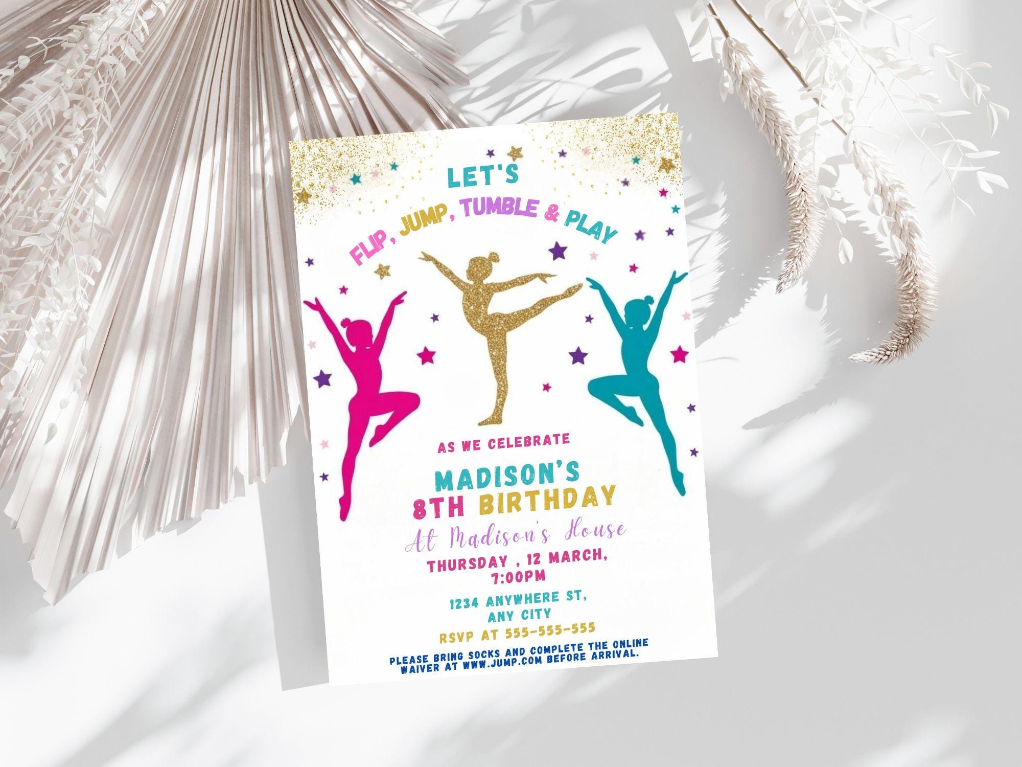 Editable Gymnastics Birthday Invitation, Gymnastics Girls Tumbling ...