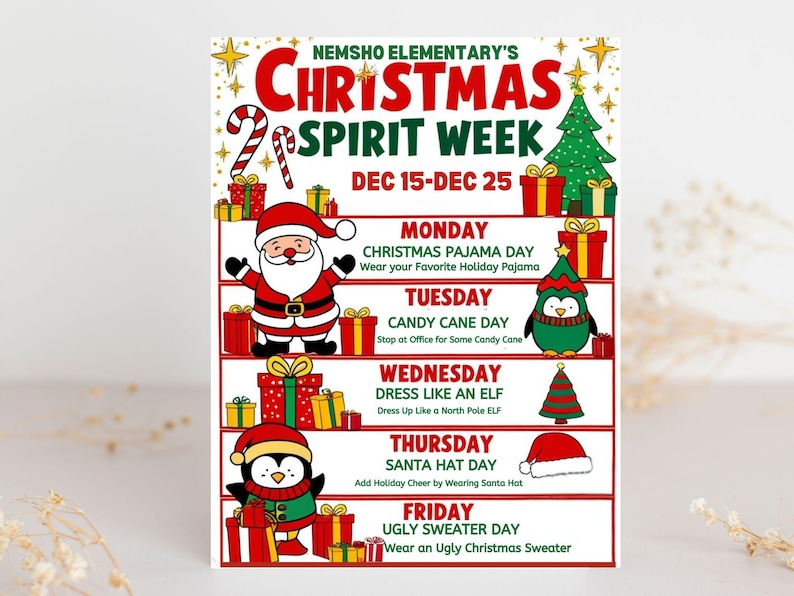 Customizable Holiday School Spirit Week Flyer, PTO Schedule, December ...
