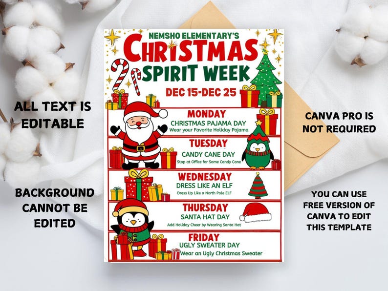 Christmas Spirit Week Flyer: School PTO Events (editable Canva Template ...