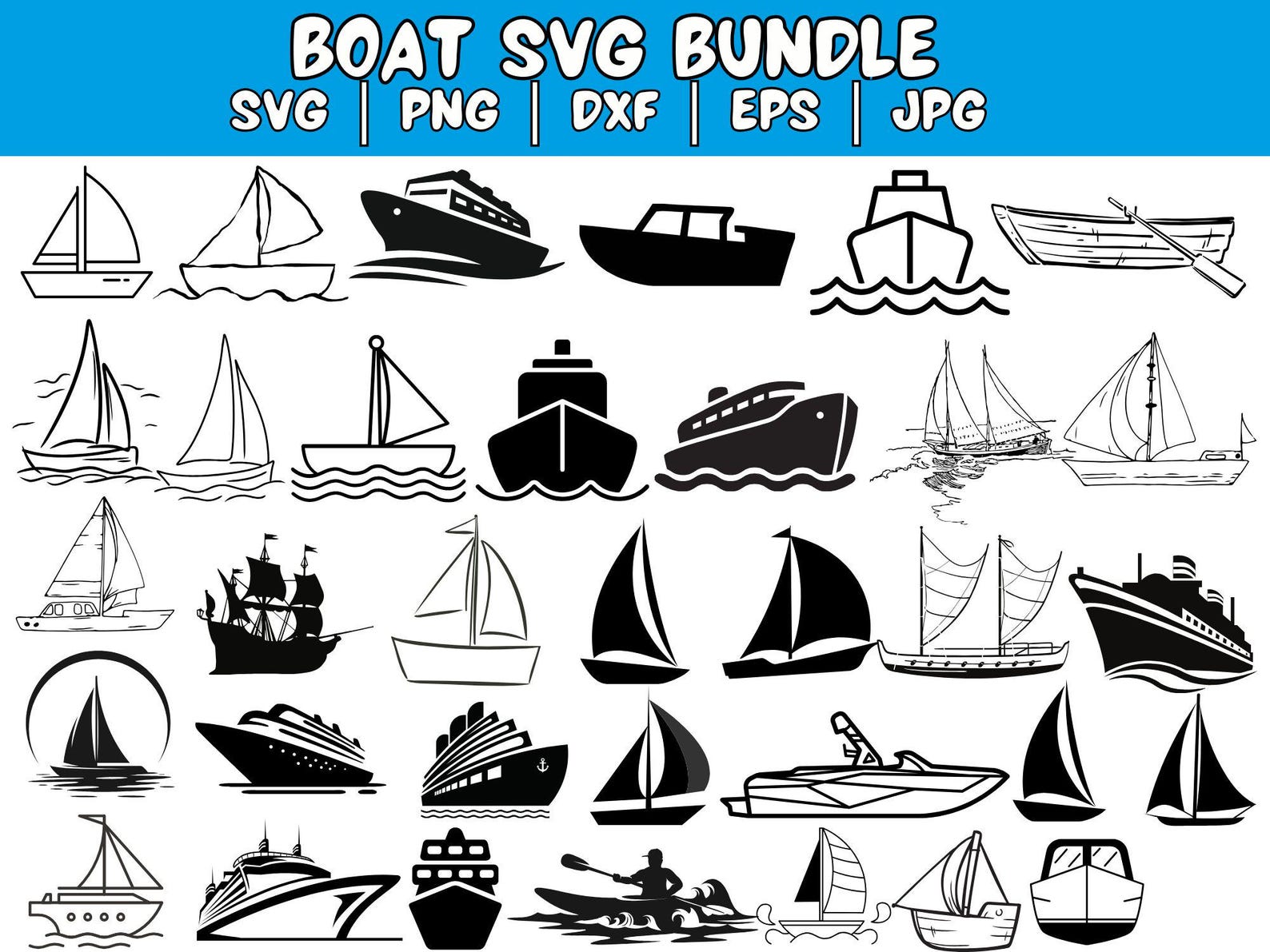 Boat SVG Bundle: Sailboat, Cruise Ship, Speedboat Clipart (digital ...