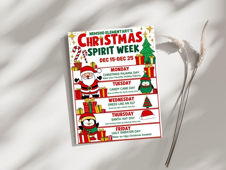 Customizable Holiday School Spirit Week Flyer, PTO Schedule, December ...