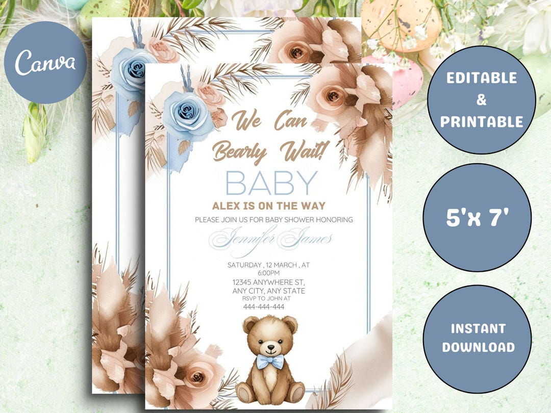 Teddy Bear Baby Shower Invitation: Editable Canva Template (5x7 In) - Etsy
