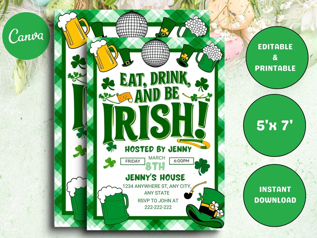 Eat Drink & Be Irish Invitation Template Printable Adult St. Patricks ...