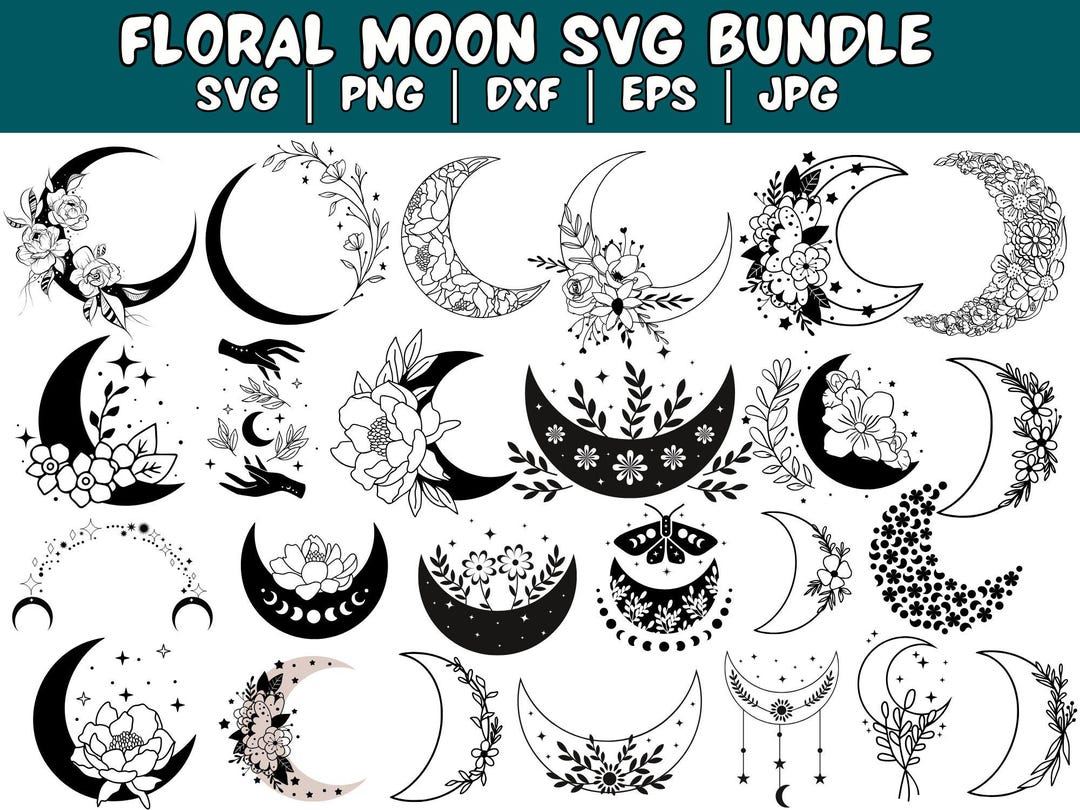 Floral Moon Svg Bundle, Floral Moon Clipart ,moon Flower Svg Cut Files ...