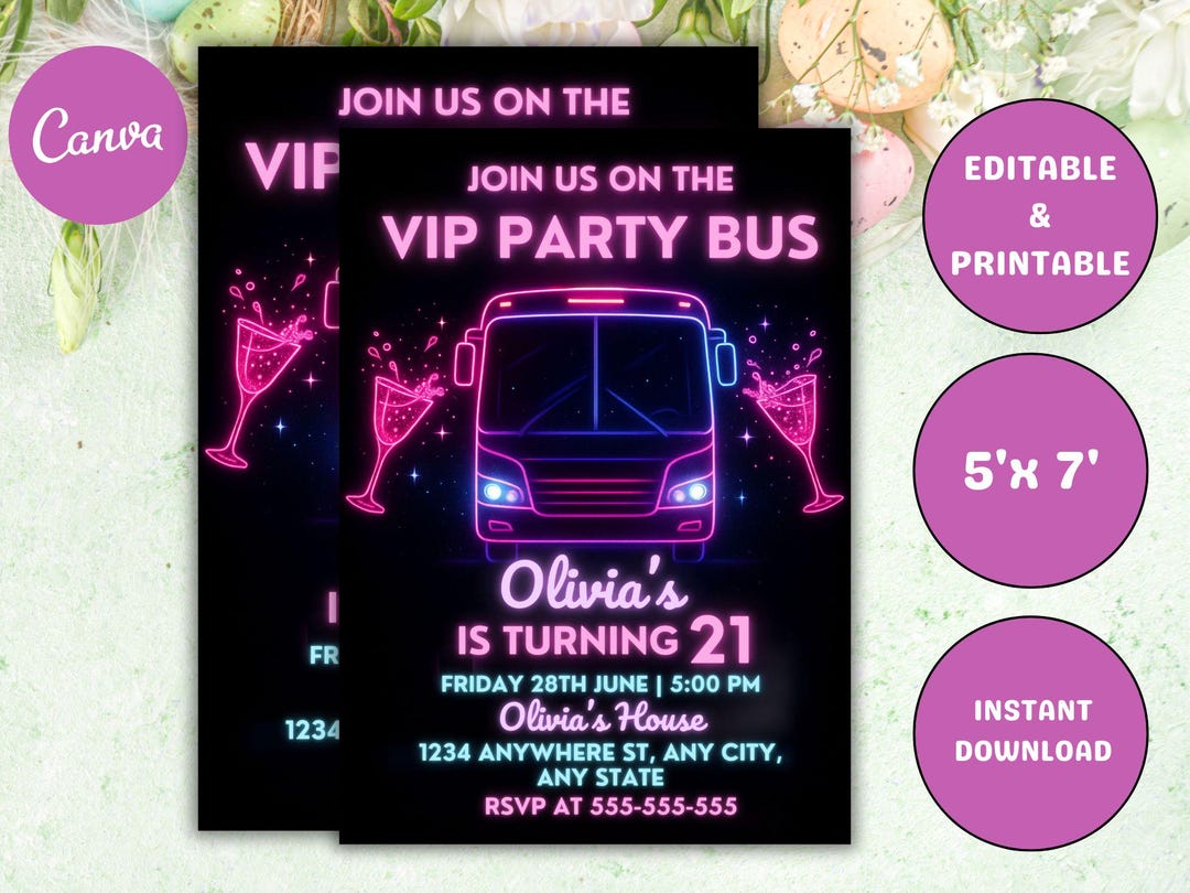 Party Bus Invitation, Any Theme, Pink Birthday Invite, Ladies Night Out ...