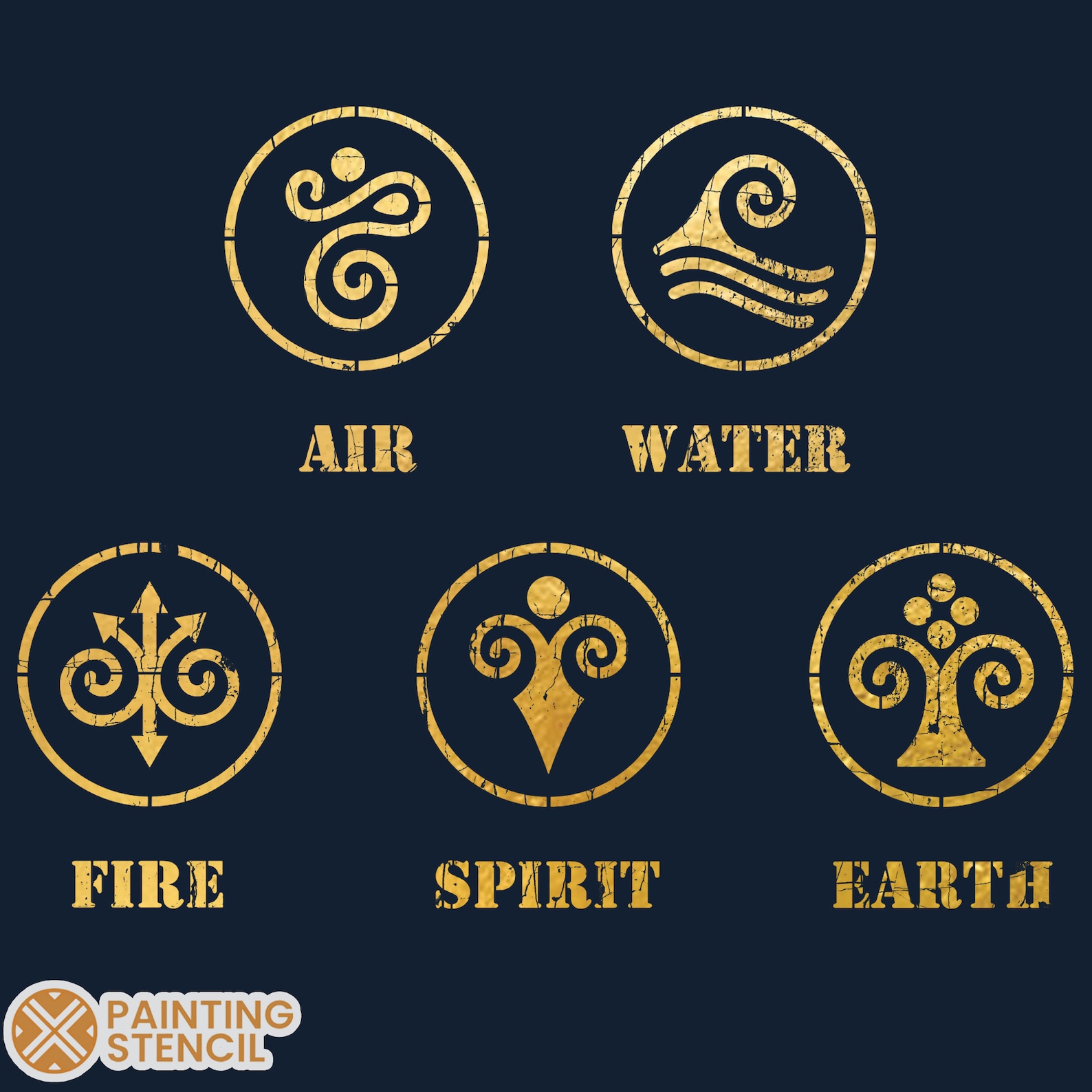 Air Water Earth Fire Spirit Elements Stencil, Five Elements Stencil ...