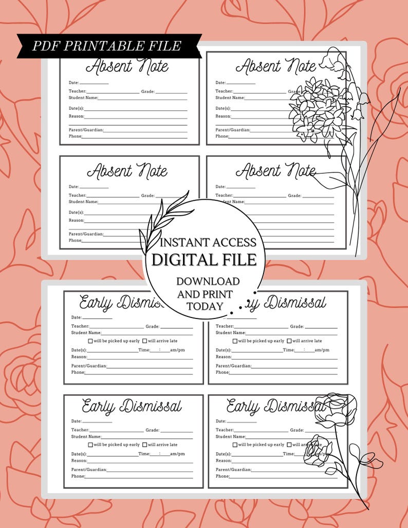 Printable School Excuse Notes: Absent, Late, Dismissal (PDF Download ...