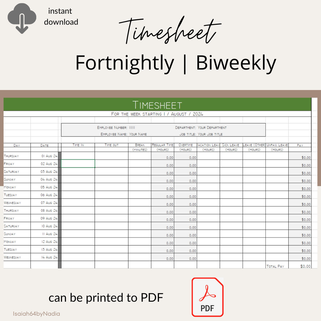 Timesheet Excel Template Fortnight Biweekly Timesheet Digital - Etsy