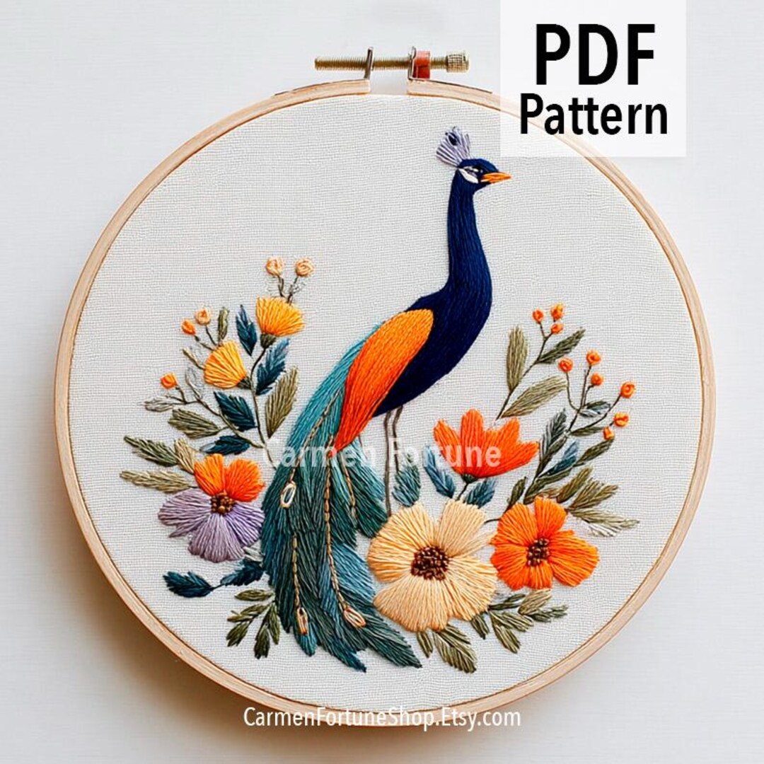Peacock Embroidery Pattern PDF, Peacock Embroidery With Flowers, Hand ...