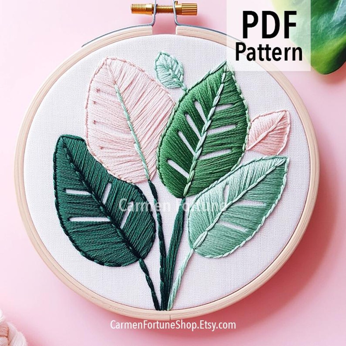 Hand Embroidery Pattern, Tropical Leaf Embroidery Design in Green and ...
