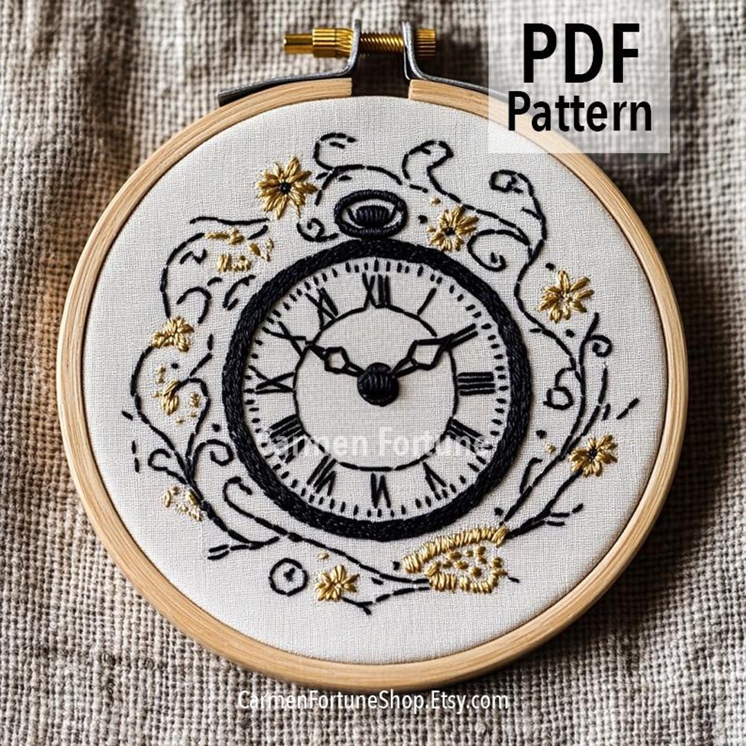 Hand Embroidery Pattern PDF, Vintage Pocket Watch Embroidery Design ...