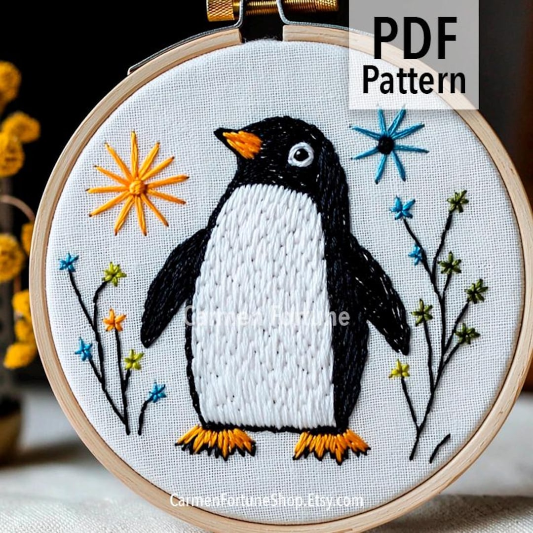 Penguin Hand Embroidery Pattern PDF, Cute Animal Embroidery, Nursery ...