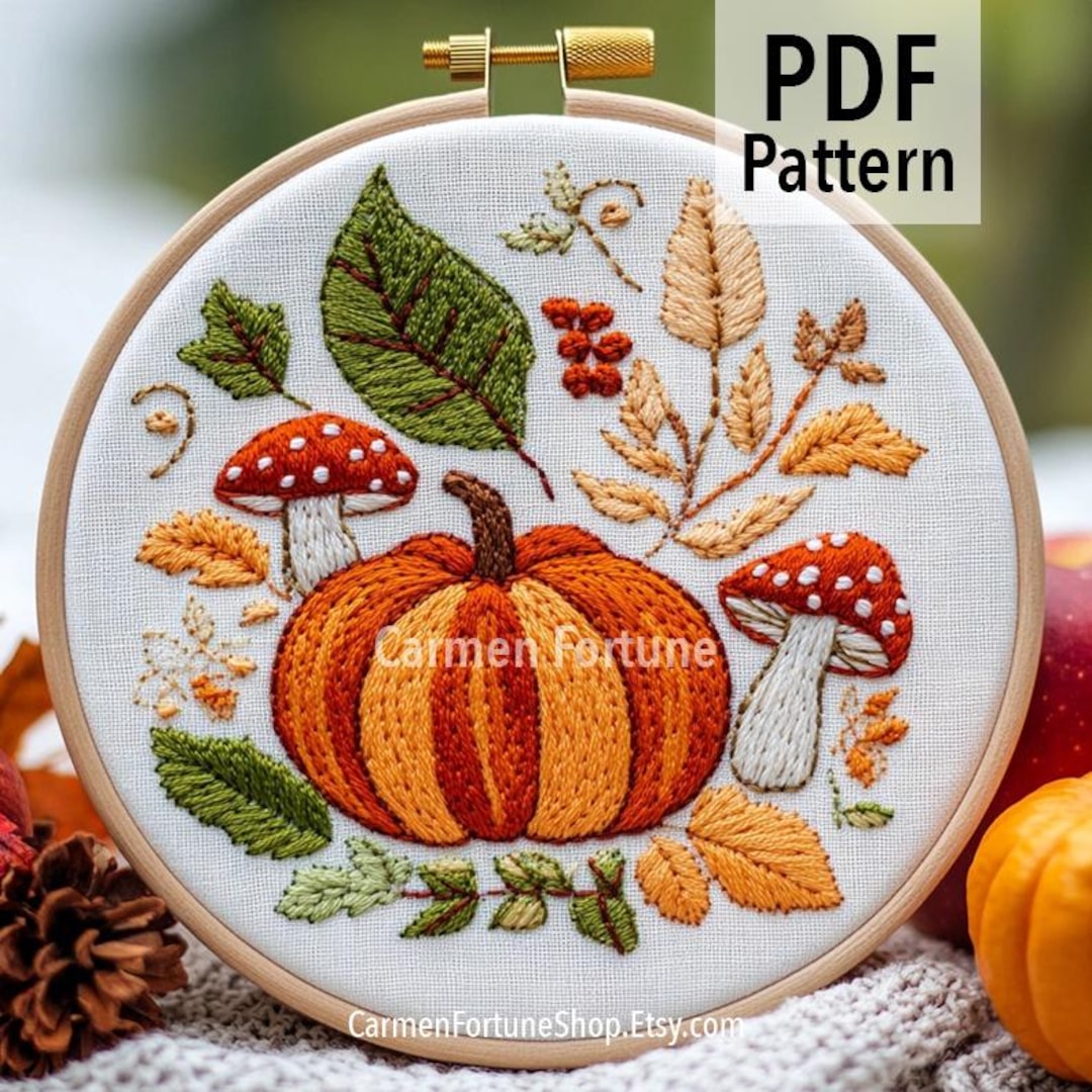 Autumn Pumpkin Embroidery Pattern: Mushrooms & Leaves, DIY Hoop Art ...