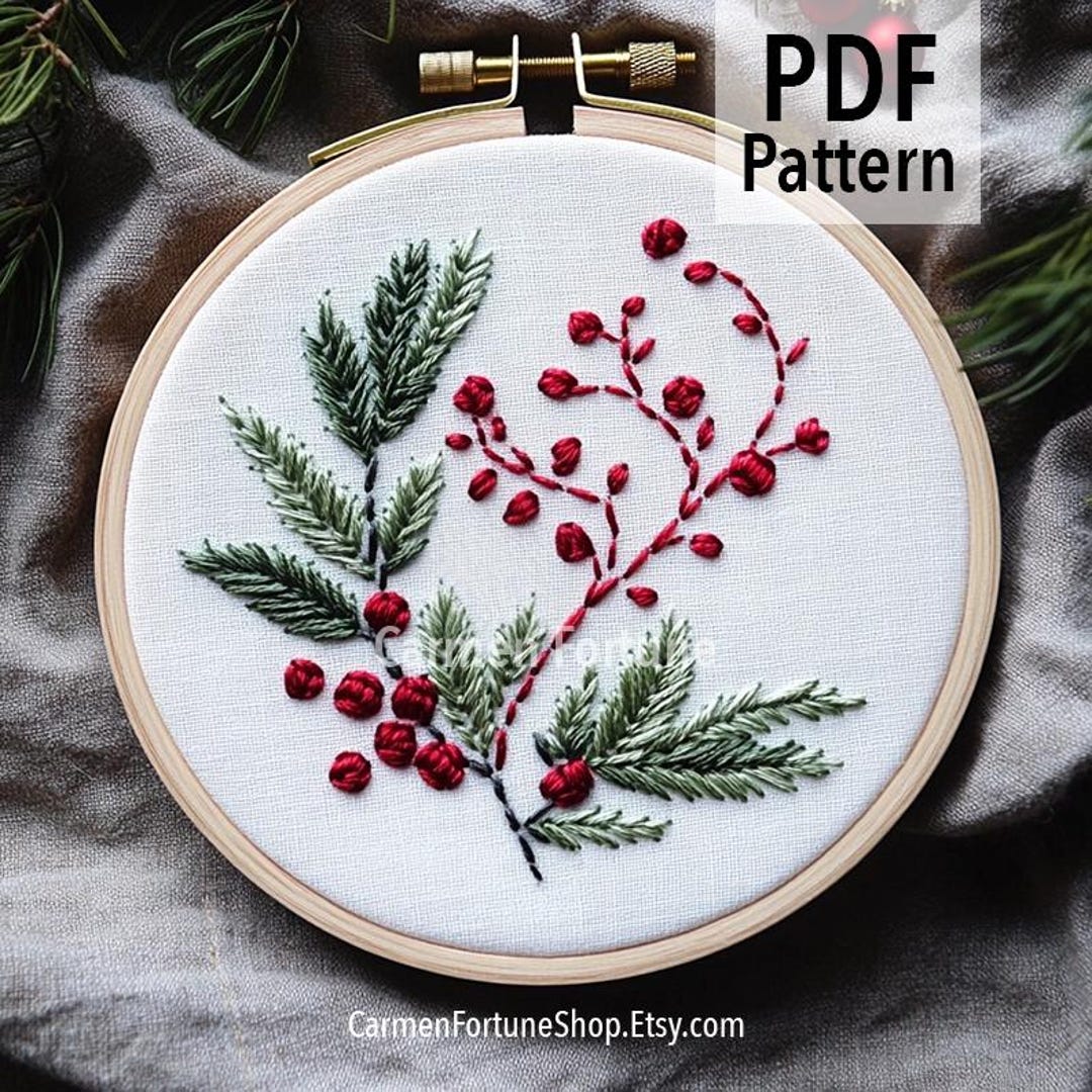 Hand Embroidery Pattern PDF, Christmas Holly and Berries Embroidery ...