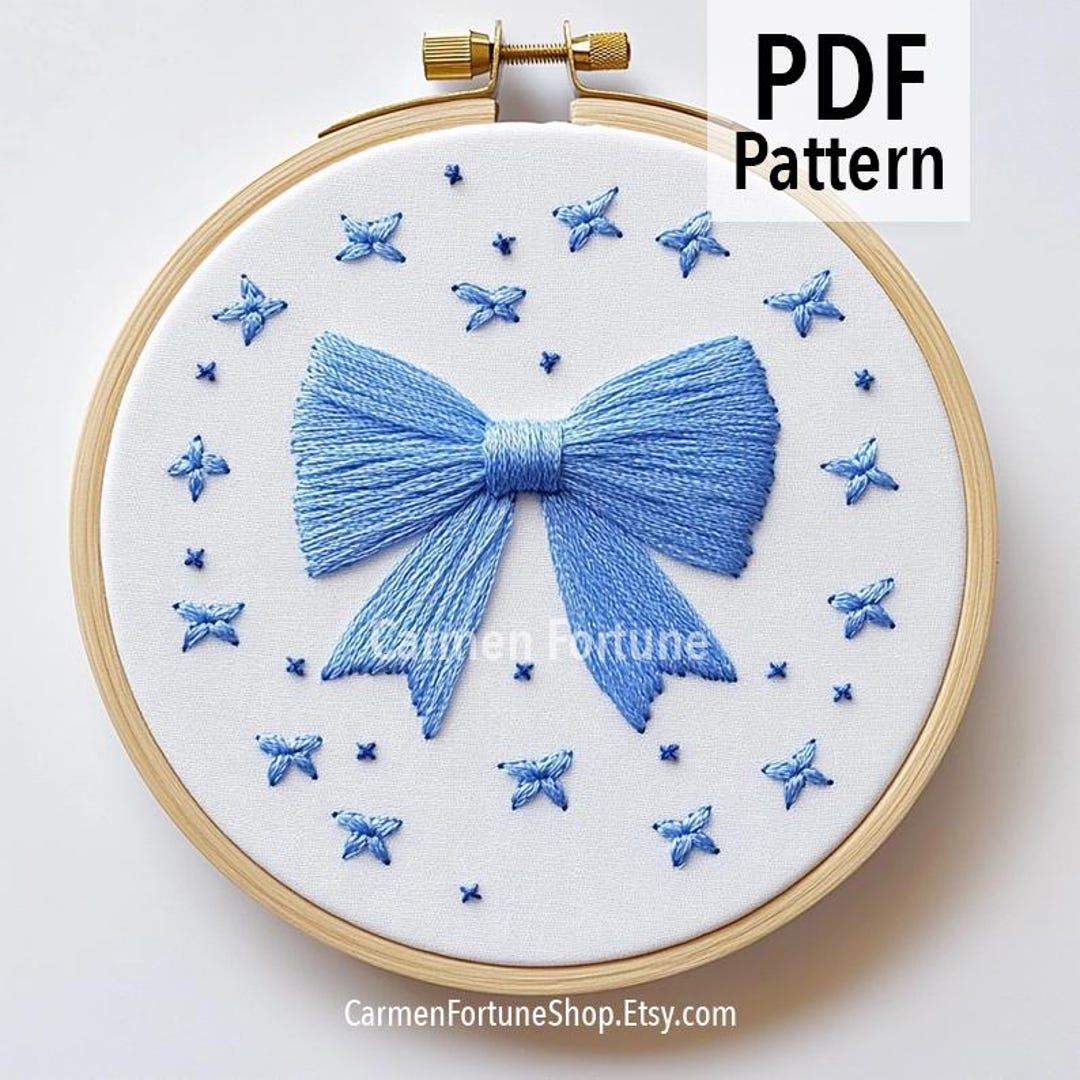 Bow Hand Embroidery Pattern PDF, Blue Bow, Cute Blue Ribbon Embroidery ...