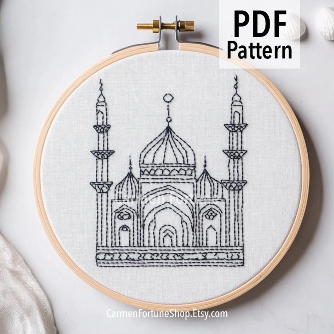 Mosque Hand Embroidery Pattern PDF, Islamic Hoop Art With Minarets and ...