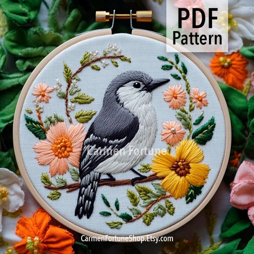 Nuthatch Bird Hand Embroidery Pattern PDF, Bird Embroidery Design With ...