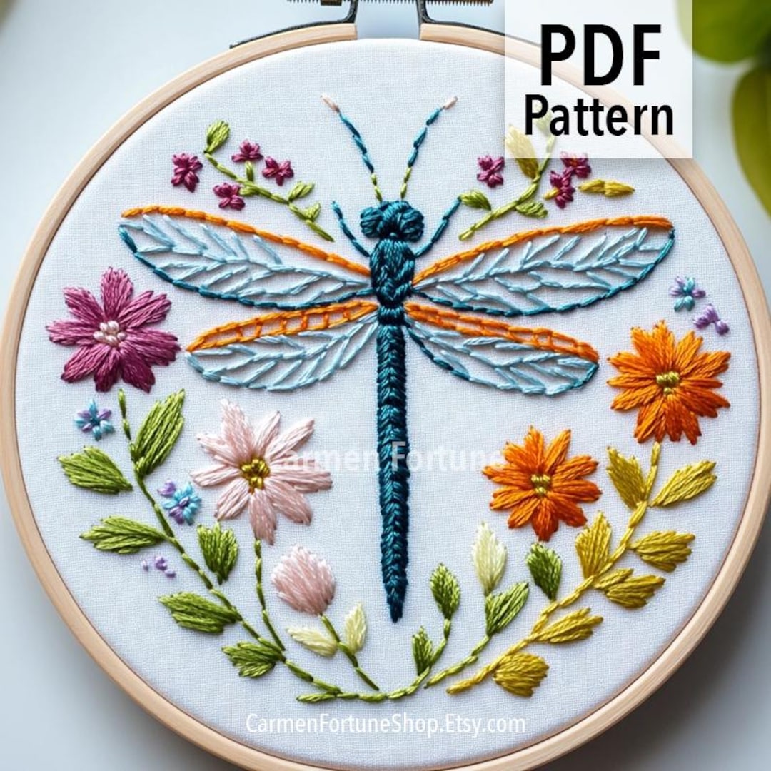 Dragonfly Hand Embroidery Pattern PDF, Colorful Insect Embroidery ...