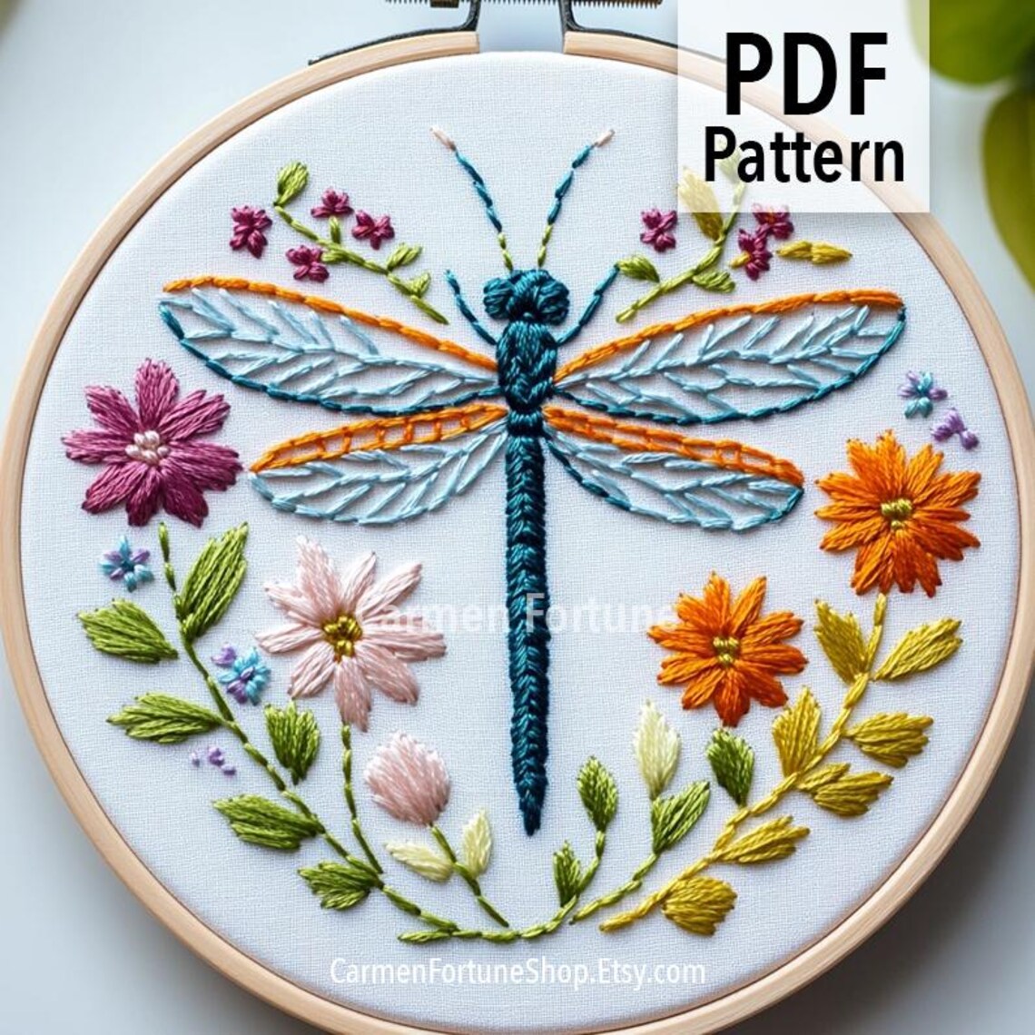 Dragonfly Hand Embroidery Pattern PDF, Colorful Insect Embroidery ...