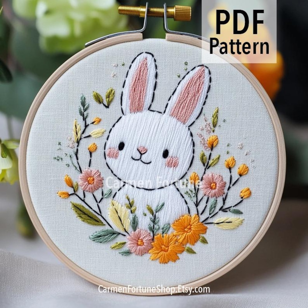 Bunny Hand Embroidery Pattern PDF, Rabbit Embroidery Design With ...