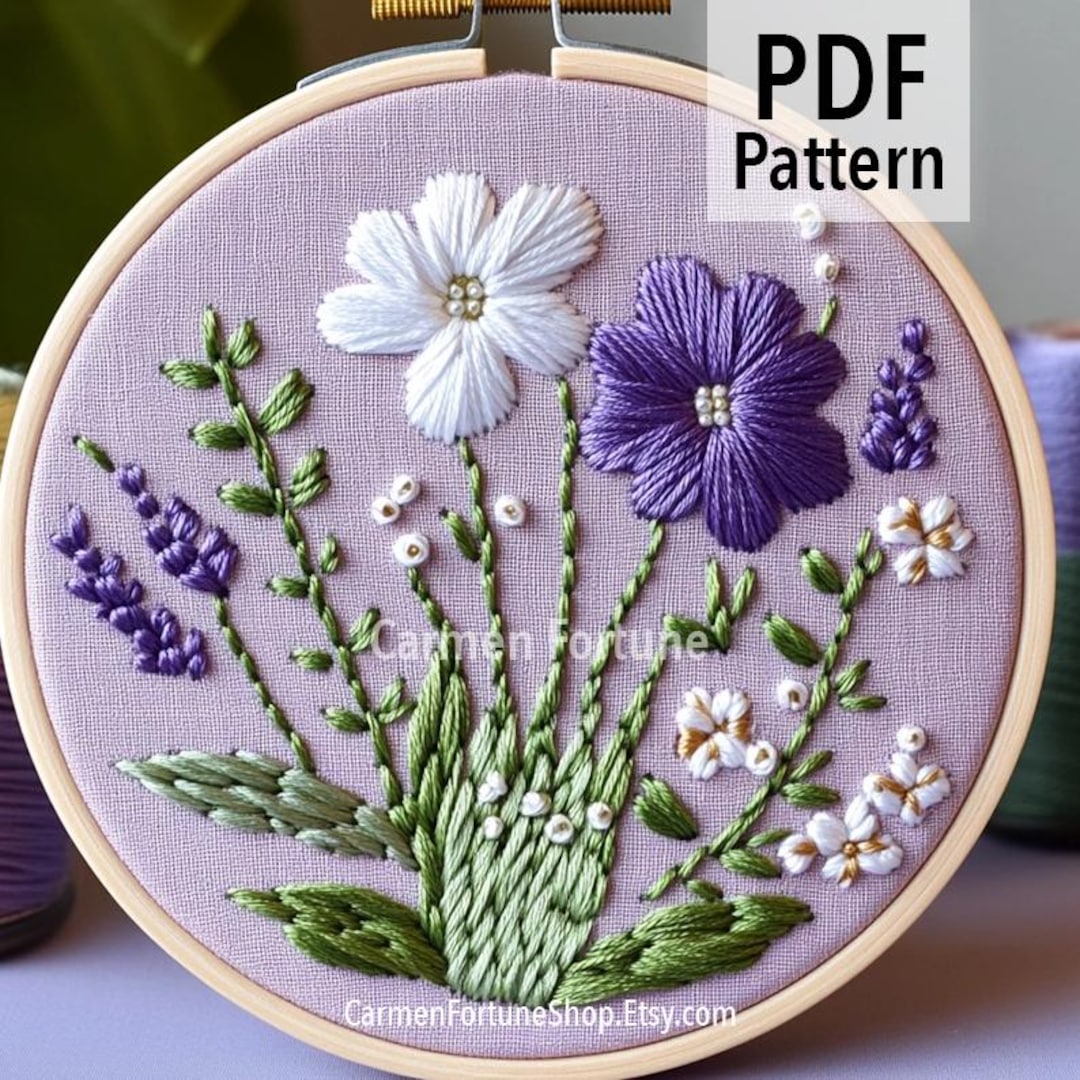 Purple Lavender Hand Embroidery Pattern: DIY Floral Hoop Art (PDF ...