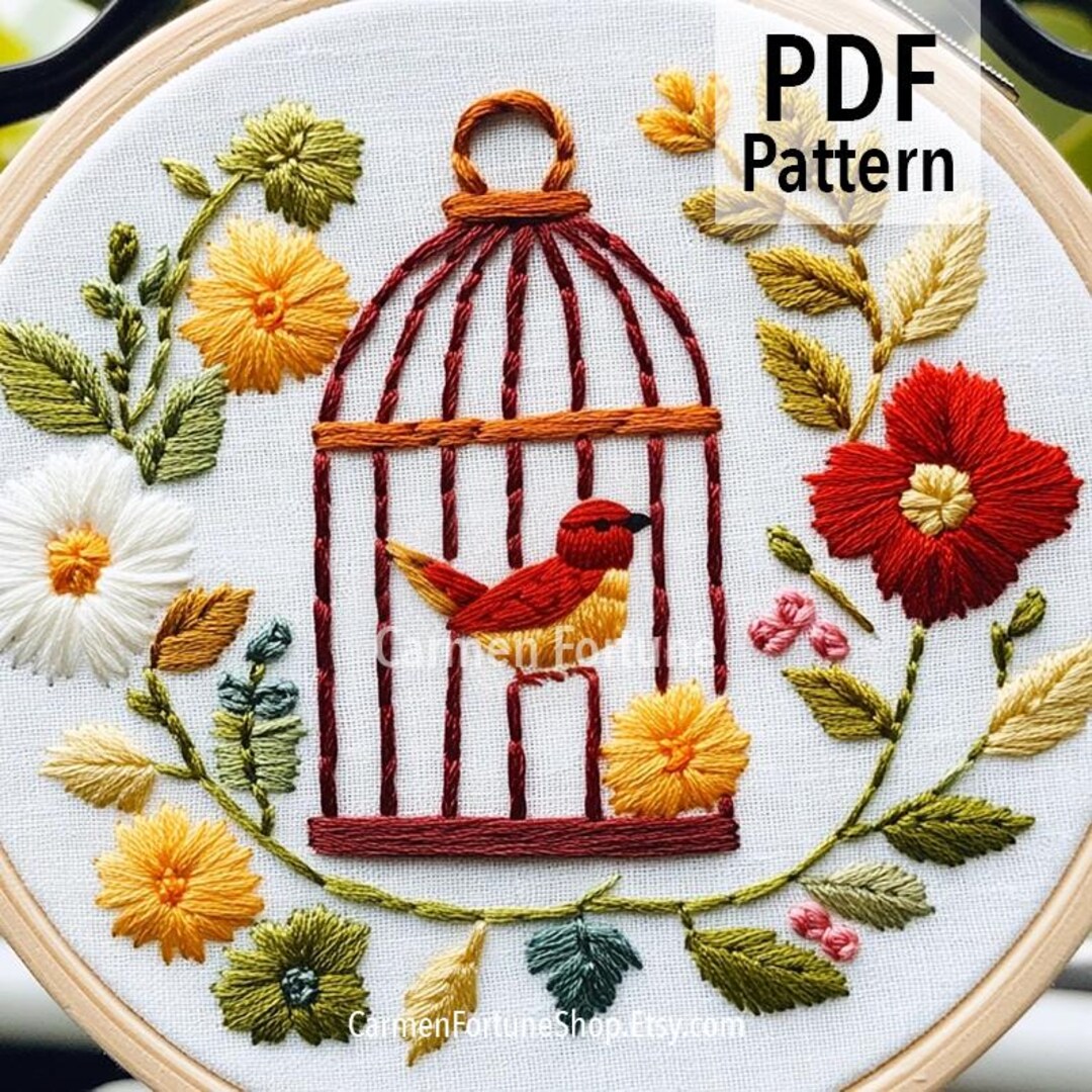 Hand Embroidery Pattern PDF, Bird in Cage With Colorful Flowers ...